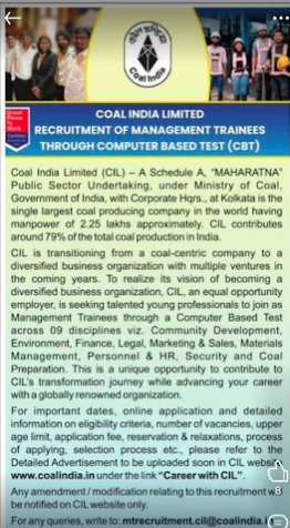 Coal India MT Recruitment 2025 Notification Released For Management Trainee Positions