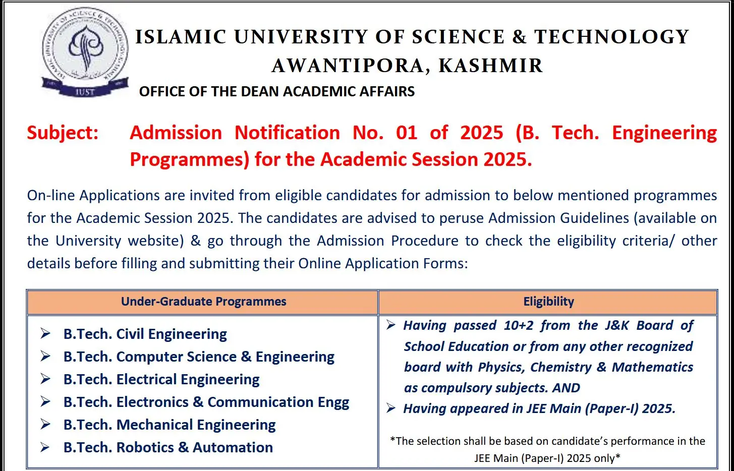 Islamic University Of Science & Technology B.Tech Admission 2025 Begins