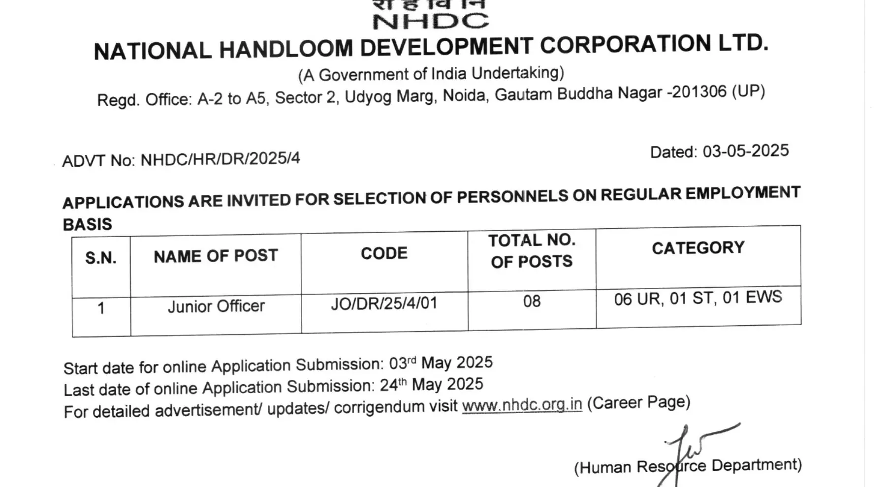 NHDC Junior Officer Notification 2025 For 8 Posts Out, Apply Before May 24